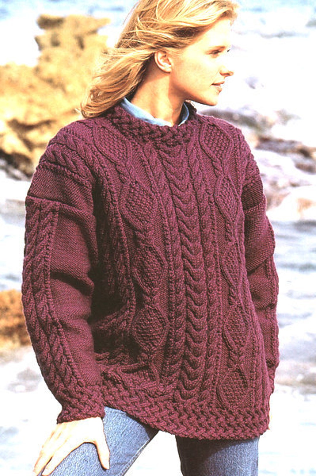 Womens Aran Drop Sleeve Cable Sweater Unusual Braided Collar Cuffs ...