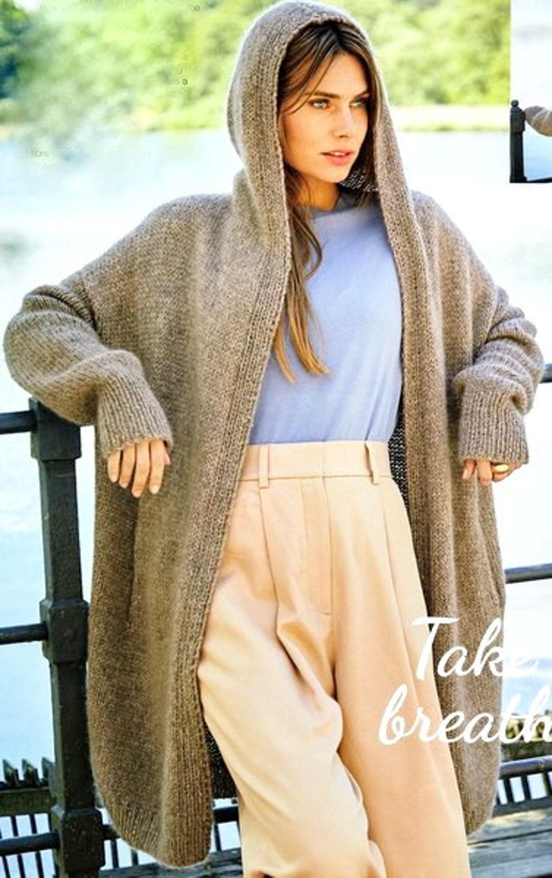 Womens Easy Long Knitted Coat Hooded Hood Stocking Stitch Inset Pockets ...