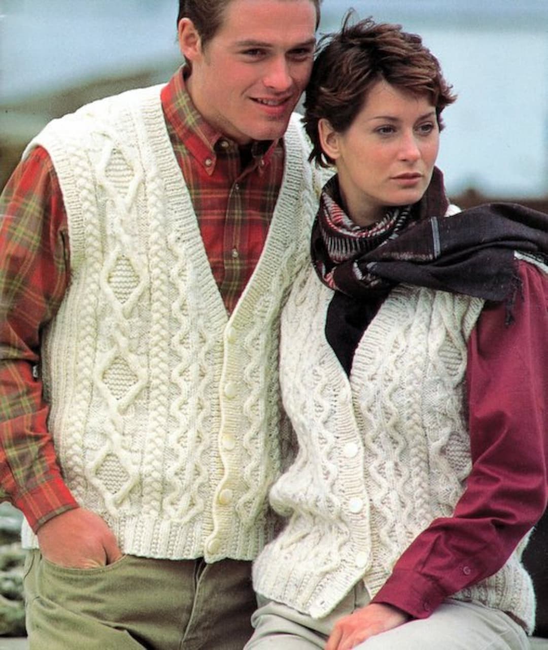 Aran Vest Waistcoat V Neck Traditional Diamond Cable Woman's Man's Size ...
