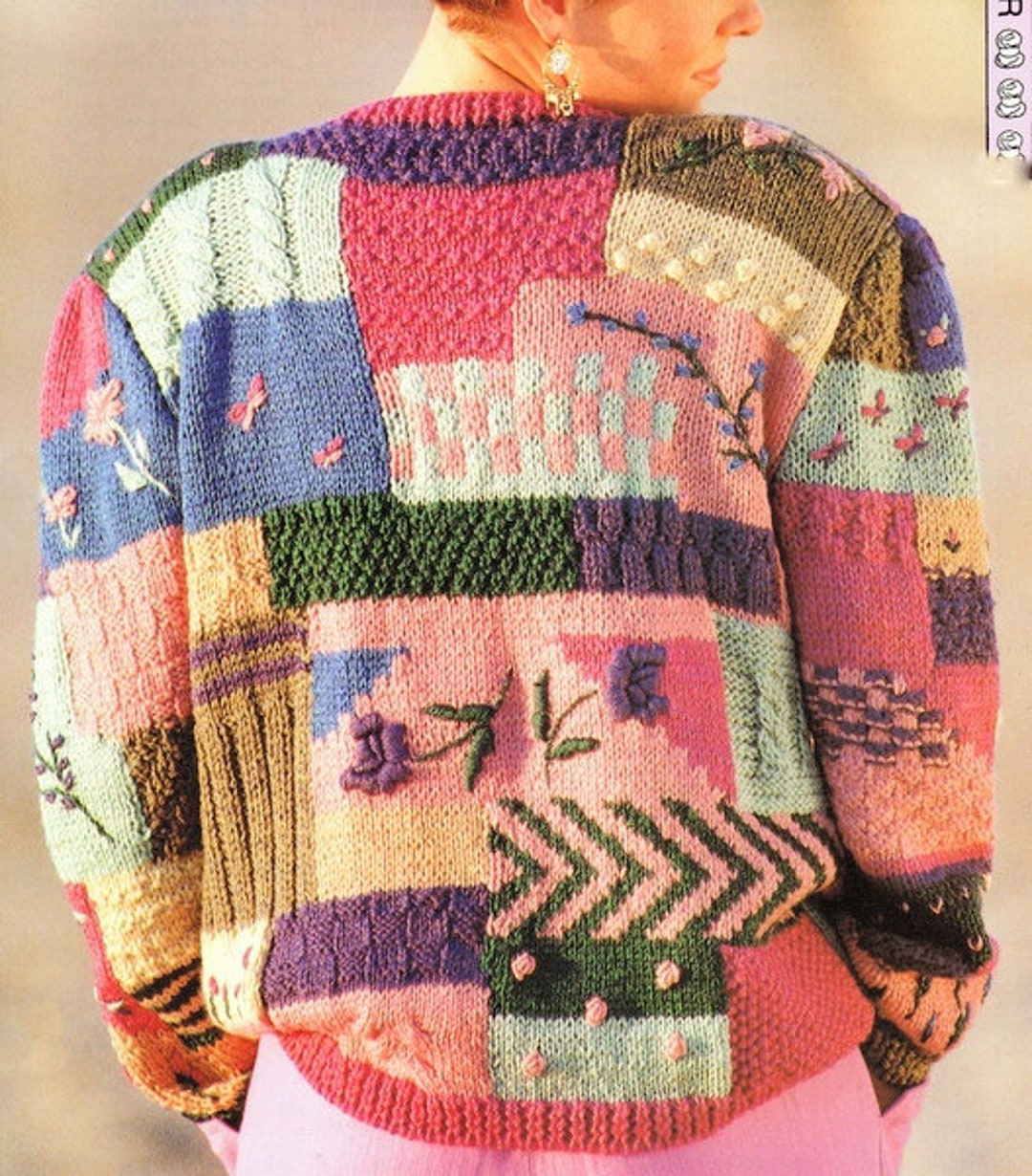 Patchwork Colour Block Jacket Cardigan Cable Bobble Flower Embroidery ...