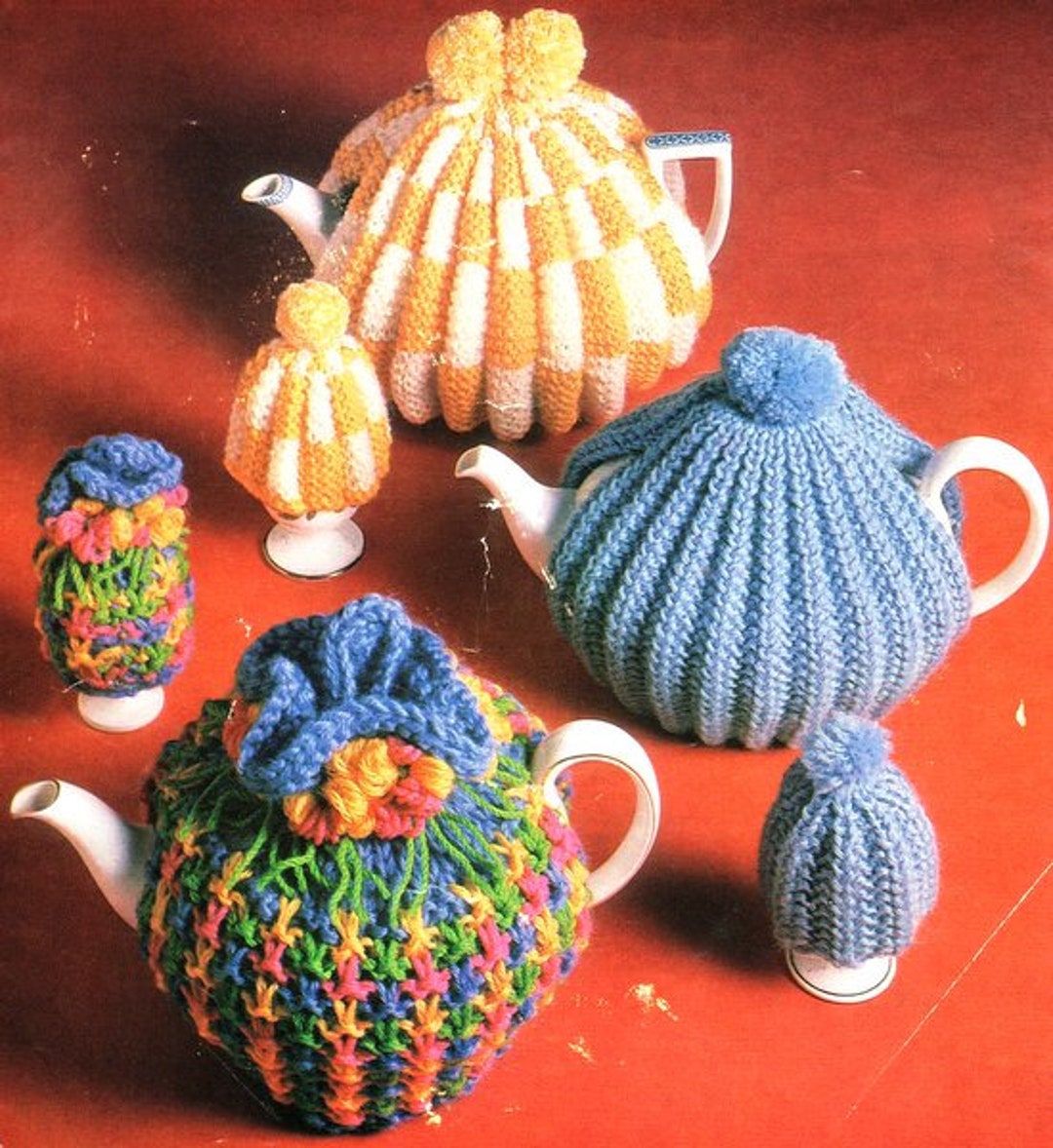 Vintage Tea Cosy & Matching Egg Cosy Plain Fluted Flowers Knit in 2 ...