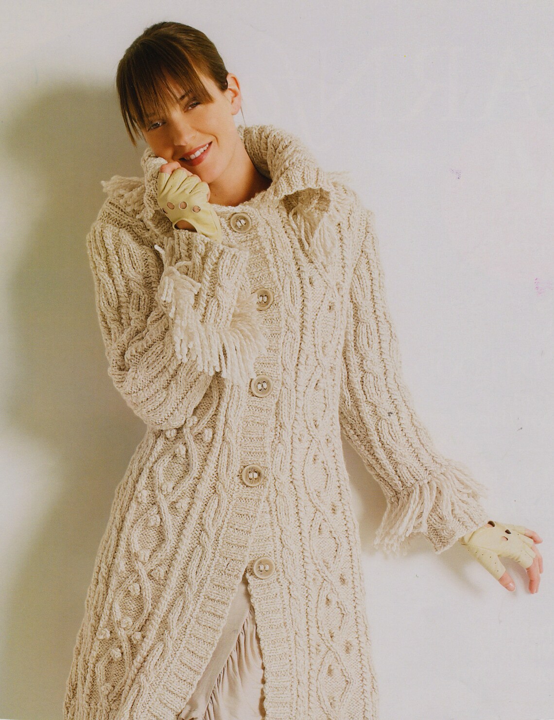 Woman Ladies Cable/bobble 3/4 Aran Coat Fringed Collar/cuffs 32 - 45 ...