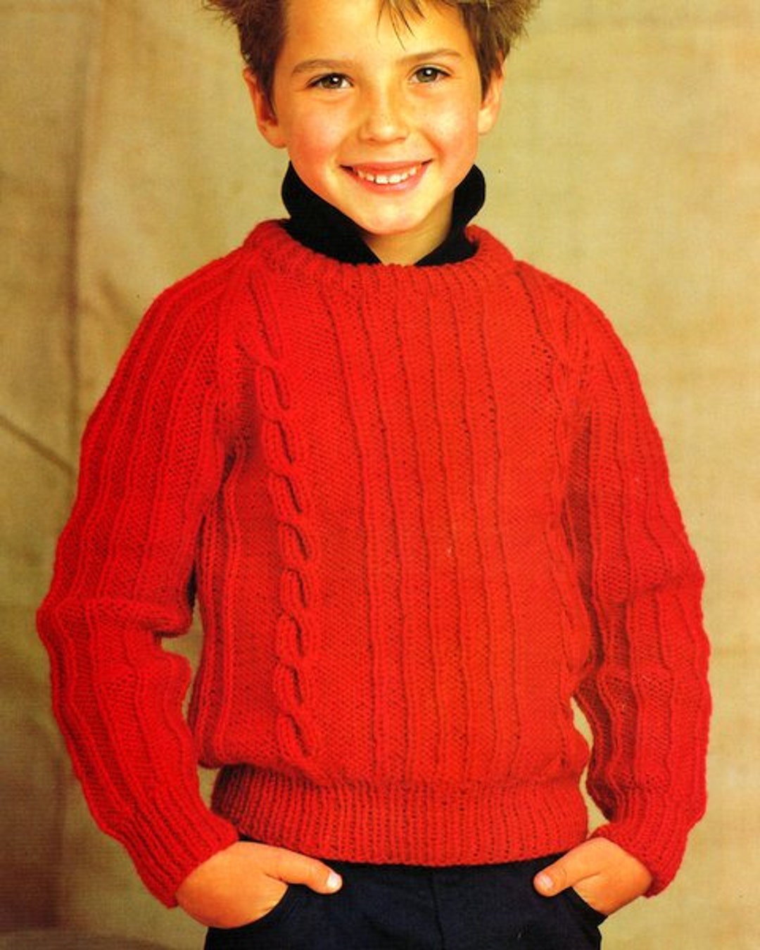 Easy Knit Boy Girl Rib & Cable Round Neck Sweater Raglan Sleeve ~ 26 ...