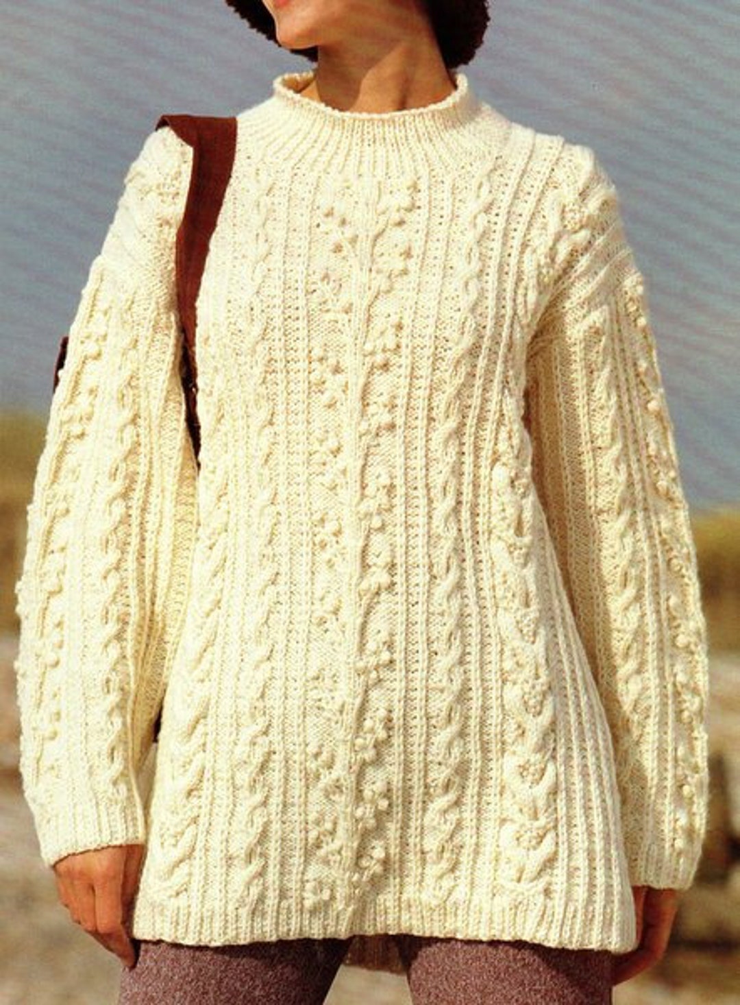 Aran Cable and Bobble Tree Design Long Tunic Round Neck Sweater Womans ...