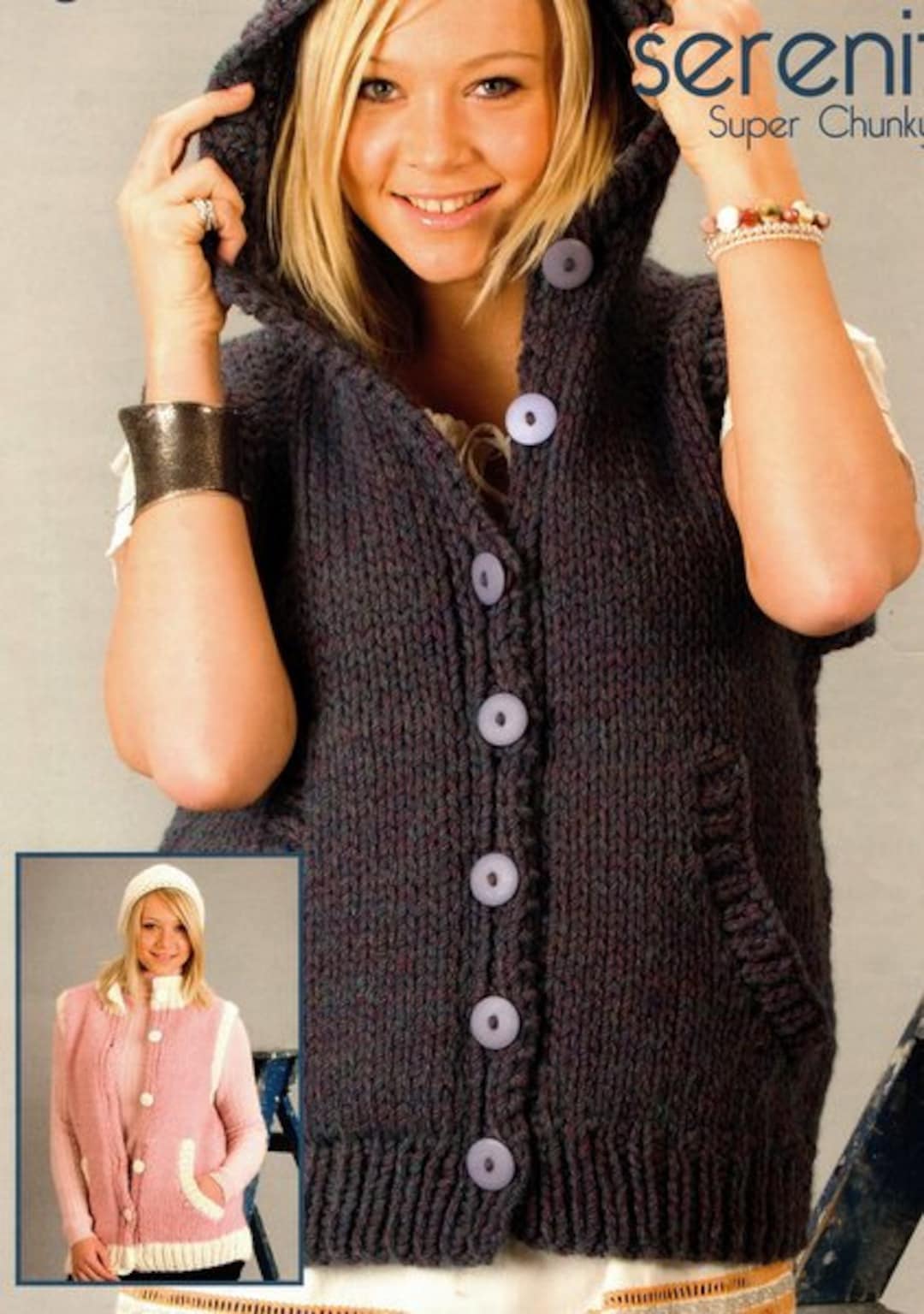 Easy Knit Crew Neck Gilet With Pockets, Hood or Beanie Hat Woman's 38 ...