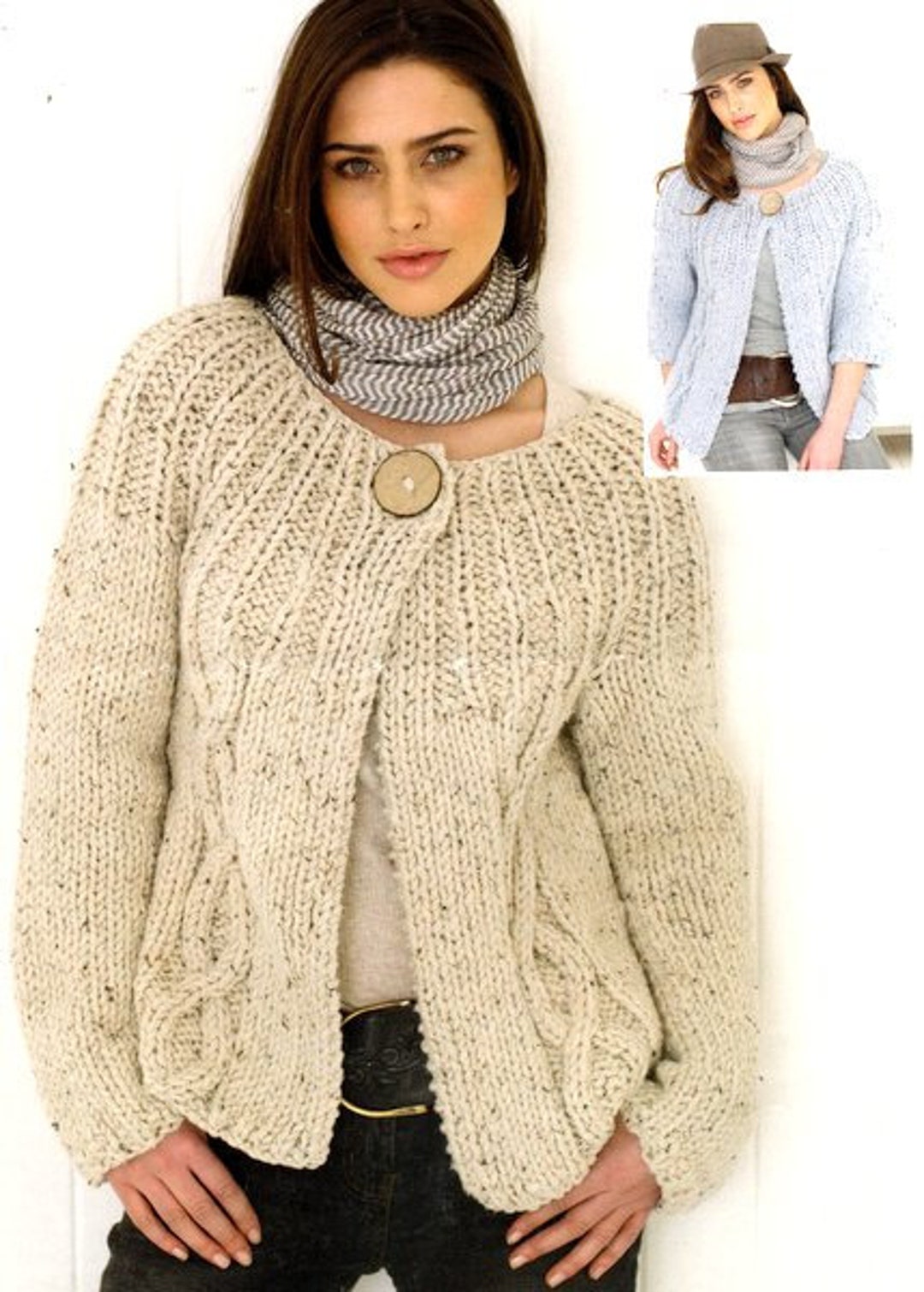 Womens Easy Knit Short Cable Rib Jacket Long or 3/4 Sleeve Super Chunky ...
