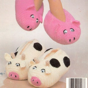 Adult Cow & Pig Slippers Crochet Pattern One Size ~ Aran Worsted / 10 ...