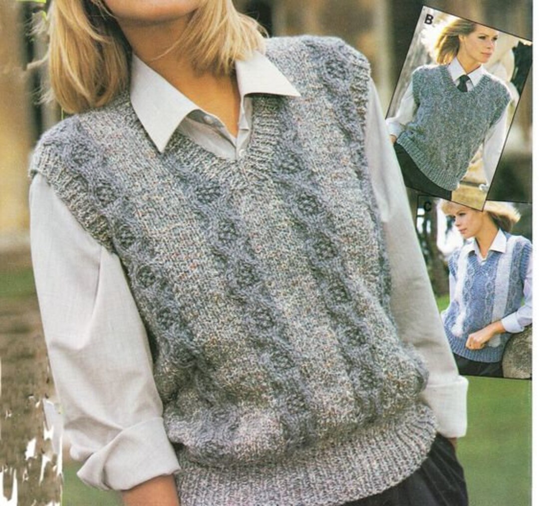 Womens Chunky Cable Slipover Top Sweater Vest ~ 3 or 2 Colour & Plain ...