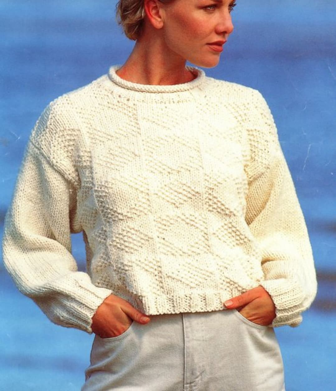 Womens Chunky Short Cropped Sweater Roll Collar Diamondtextured ...