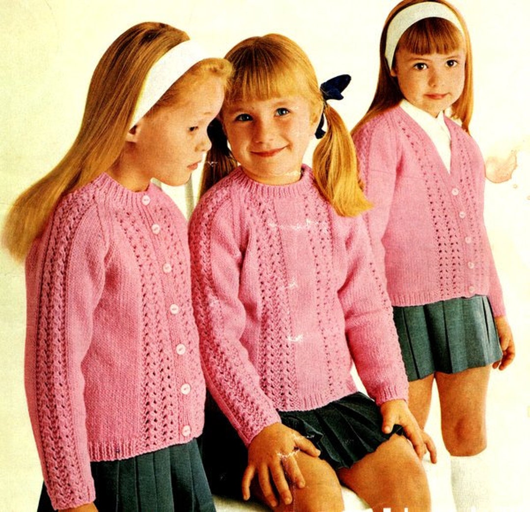 Girls Cardigan & Sweater Jumper Round or V Neck, Raglan Sleeve, Childs ...