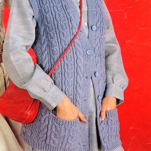 Classic Aran Long Waistcoat Cable Seed Stitch V Neck Pockets 32" - 38 ...