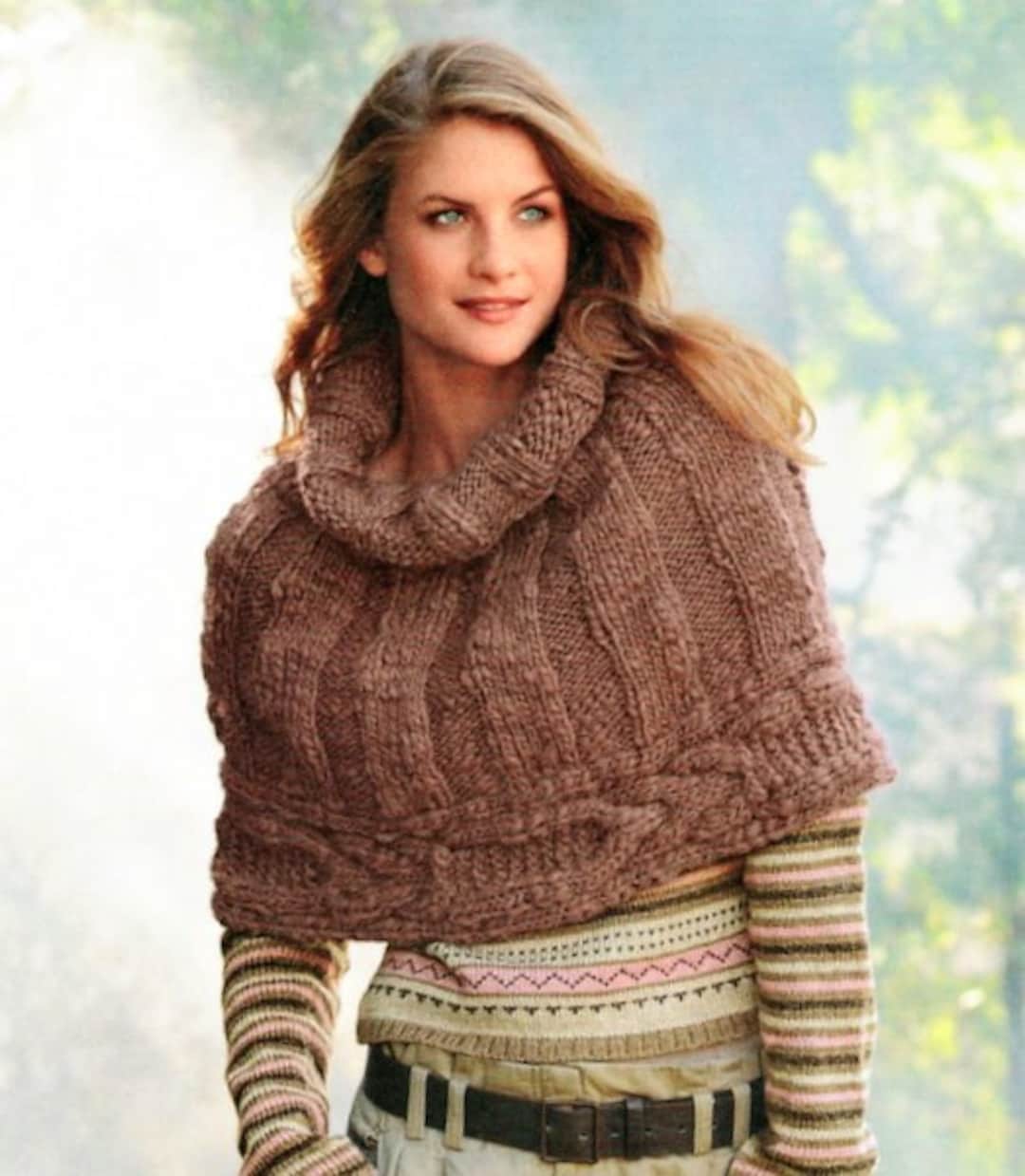 Woman Ladies Rib & Cable Cape With Collar S/M L/XL ~ Super Bulky Wool ...