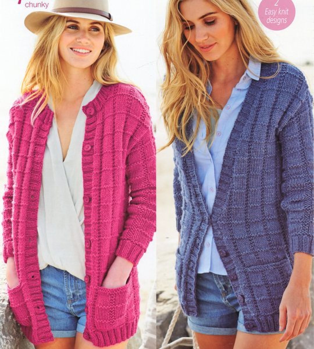 Longline Chunky V & Round Neck Cardigan Jacket Pockets Textured Blocks ...