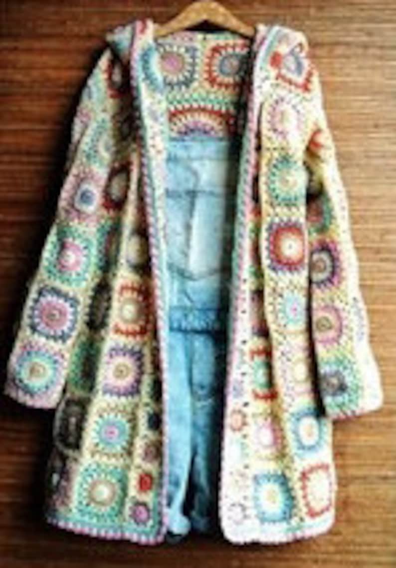 Granny Squares Boho Hooded Hoodie Jacket Coat 1970's Festival Hippie ...