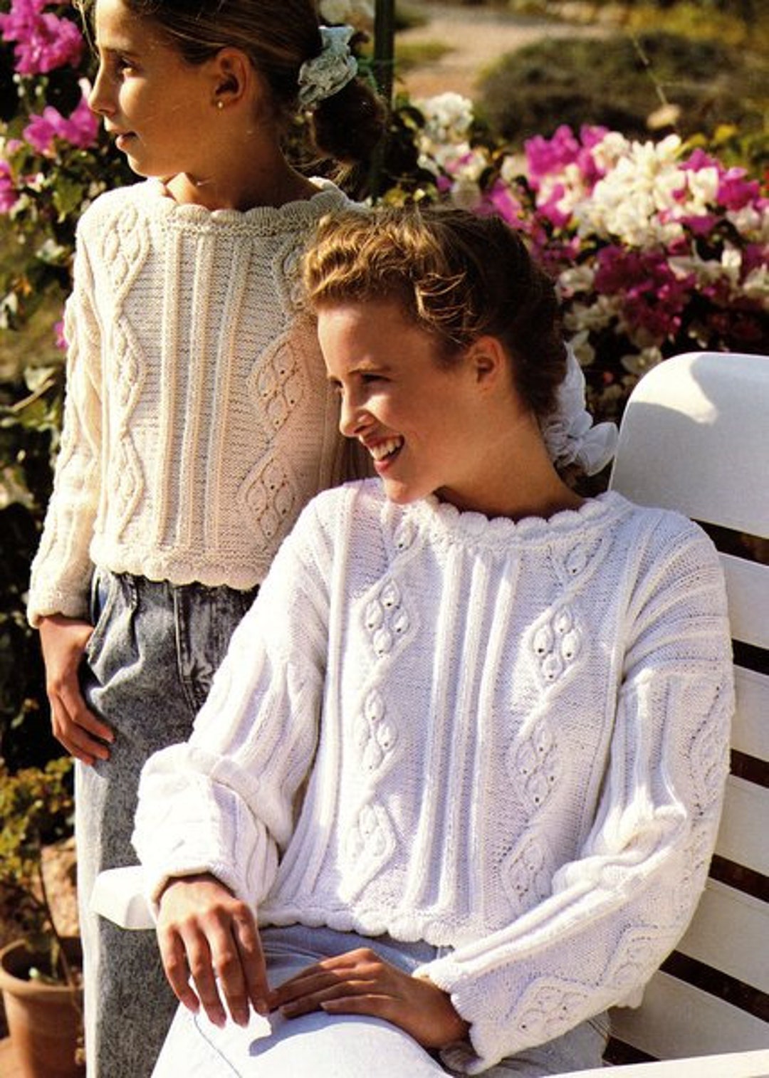 Womens Girls Cable & Bobble Short Cropped Sweater Round Scalloped Edge ...