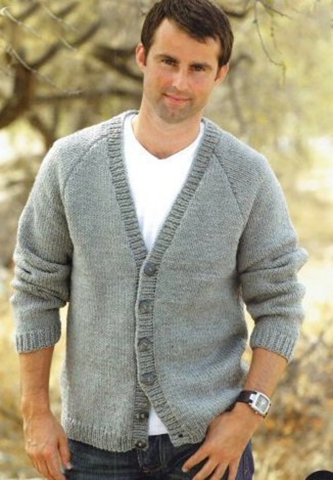 Mens Easy Plain V Neck Raglan Cardigan Knitting Pattern PDF 38-48" Chunky 12 Ply Wool Instant ...