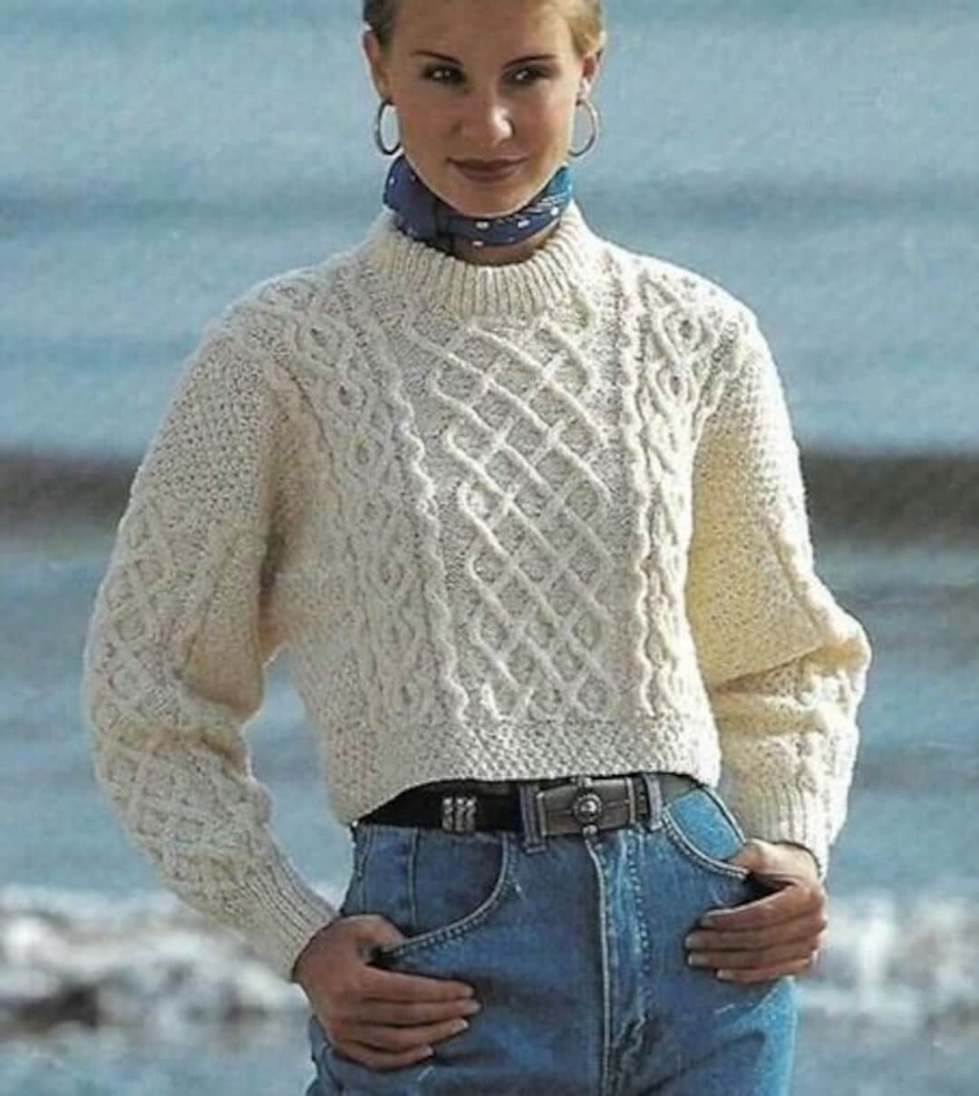 Womens Cropped Aran Cable Crew Neck Sweater Jumper Top 32"- 40" ~ Aran ...