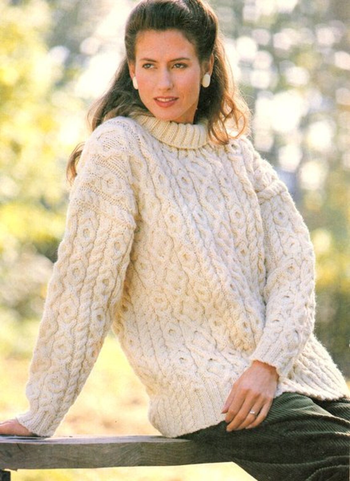 Aran Traditional Style Polo Neck Drop Sleeve Cable Sweater Womens 36 ...