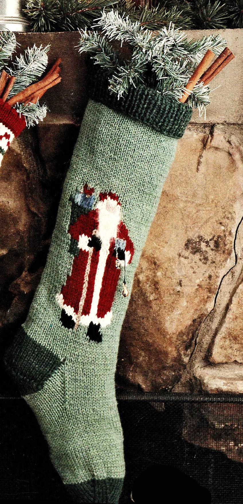 Vintage Knit Christmas Stocking Pattern Santa Geese Striped One Size ...
