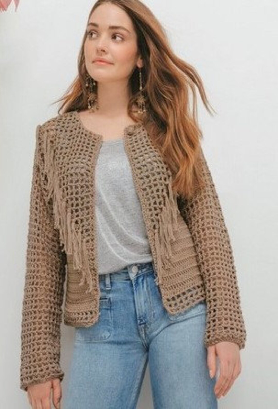 Ladies Womens Crochet Boho Fringed Jacket Top 34" - 52" DK Cotton Yarn ...