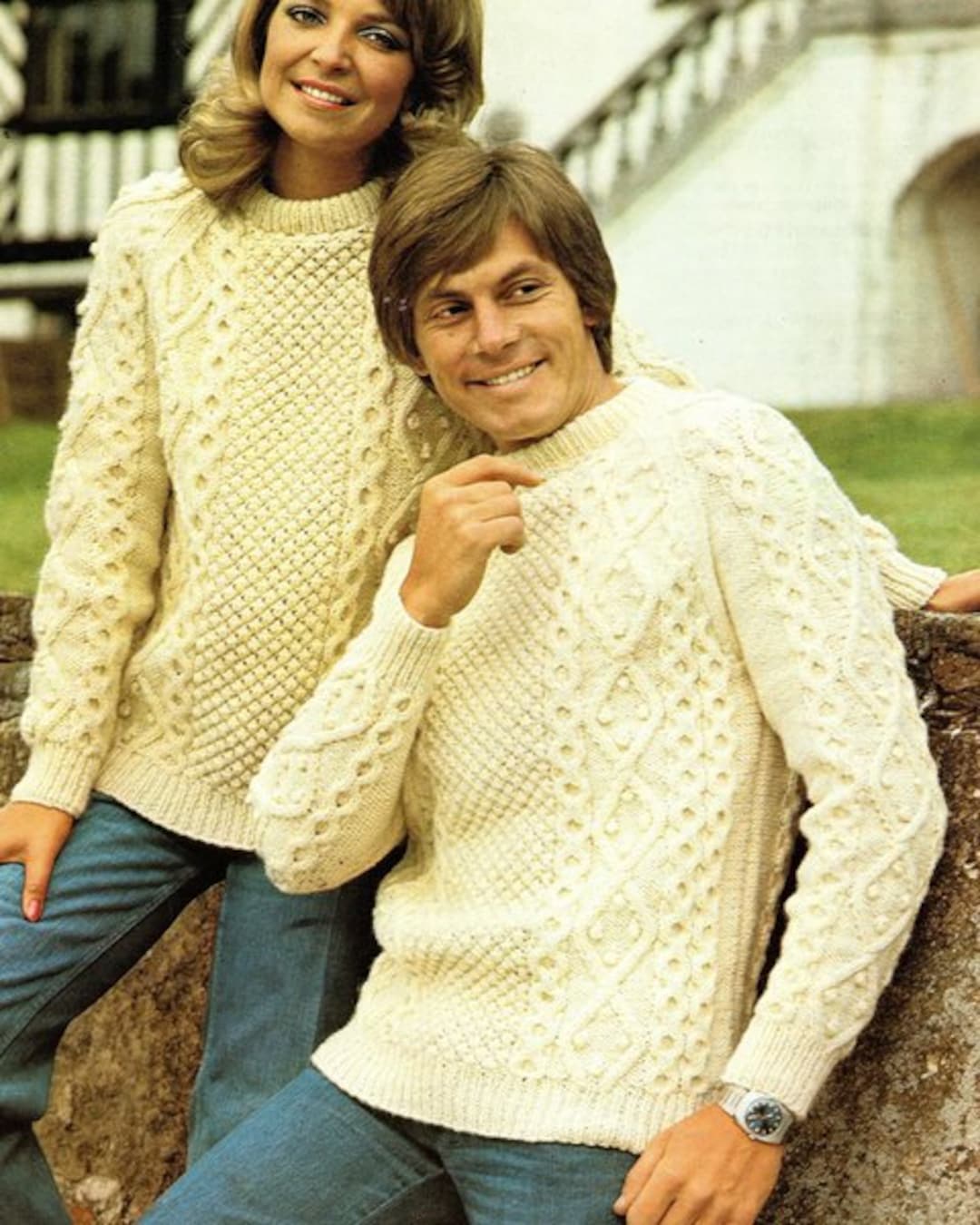 Traditional Aran Sweater Bobble Cable Diamond Raglan Round Neck Man ...