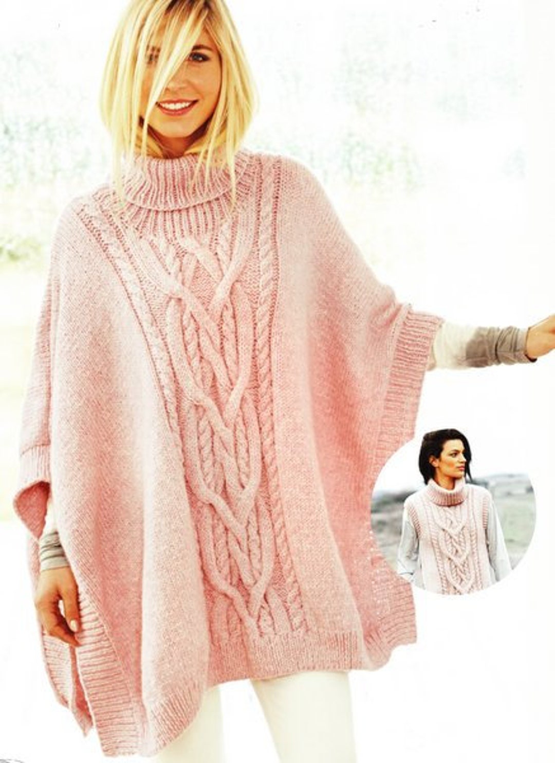Cable Poncho Polo Neck & Cable Tabard 32" - 48" Alpaca Chunky Bulky 12 ...