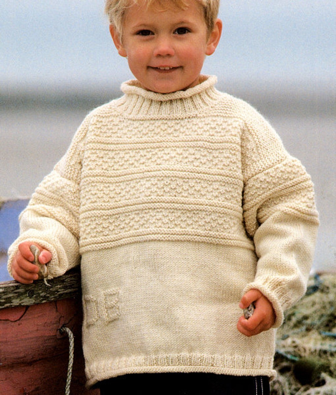 Child Boy Girl Traditional Guernsey Gansey Moss & Garter Stitch Sweater ...