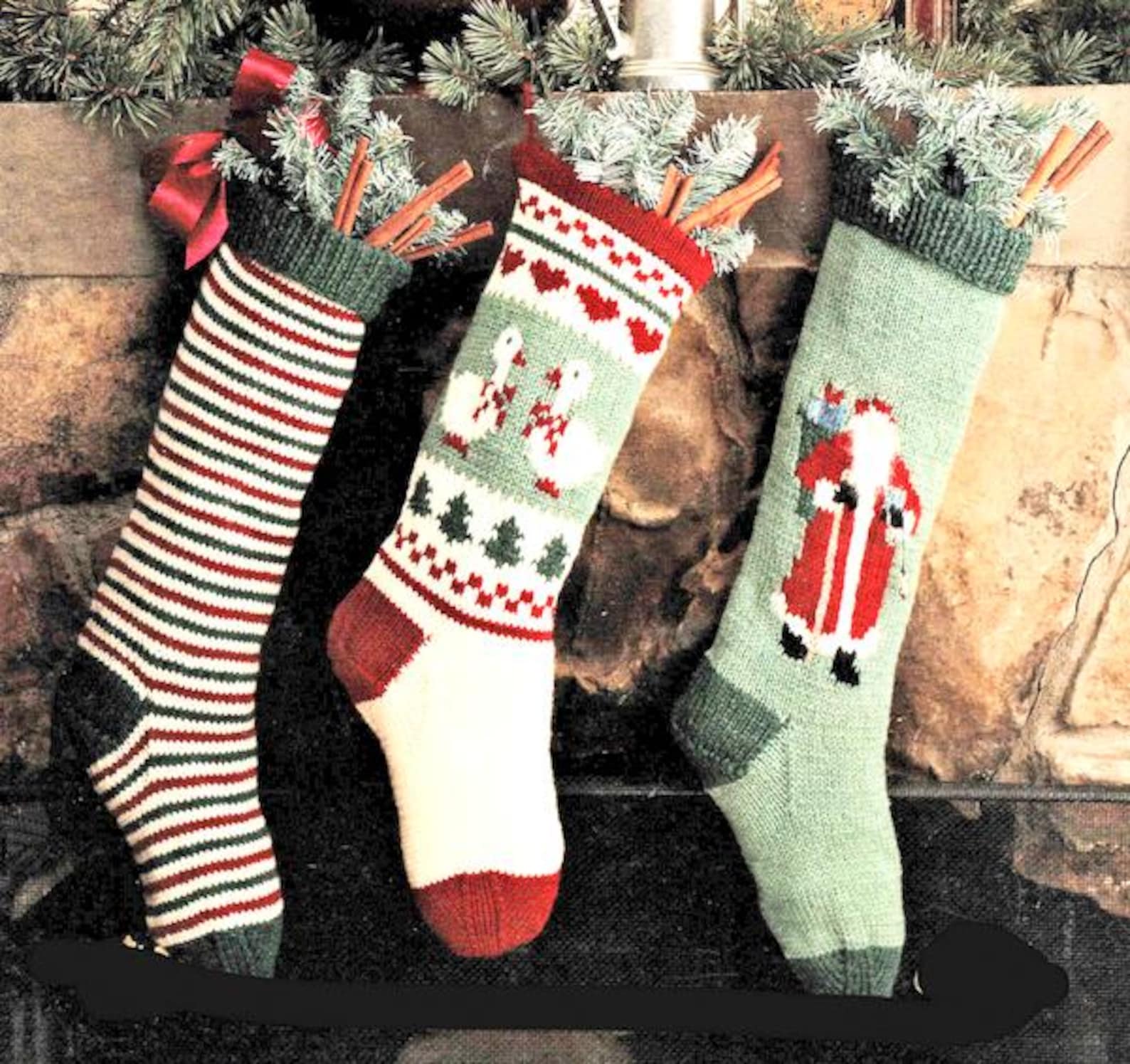 Vintage Knit Christmas Stocking Pattern Santa Geese Striped One Size ...