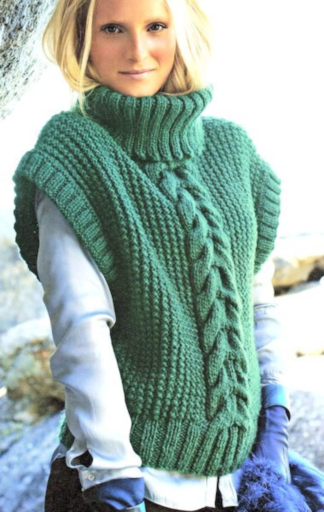 Womens Chunky Cable Slipover Roll Neck Top Jumper Sweater Vest Larger ...