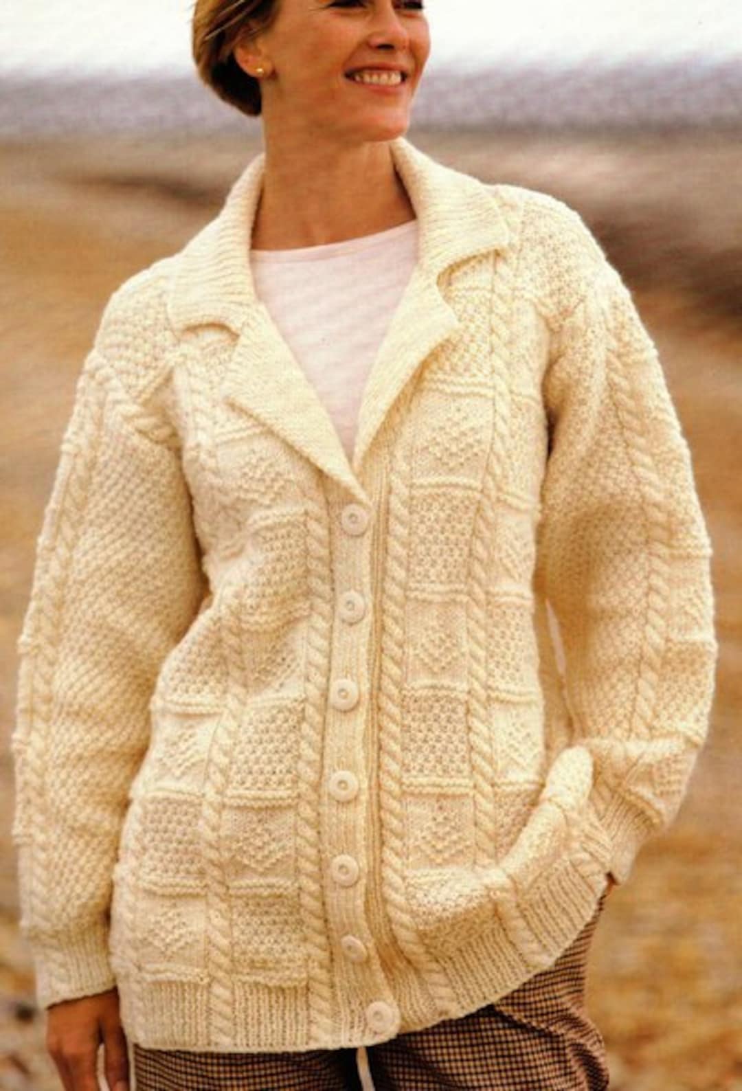 Aran Patchwork Cable Jacket Cardigan V Neck Collar Reveres Womans ...