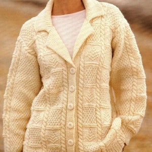 Aran Patchwork Cable Jacket Cardigan V Neck Collar Reveres Womans ...