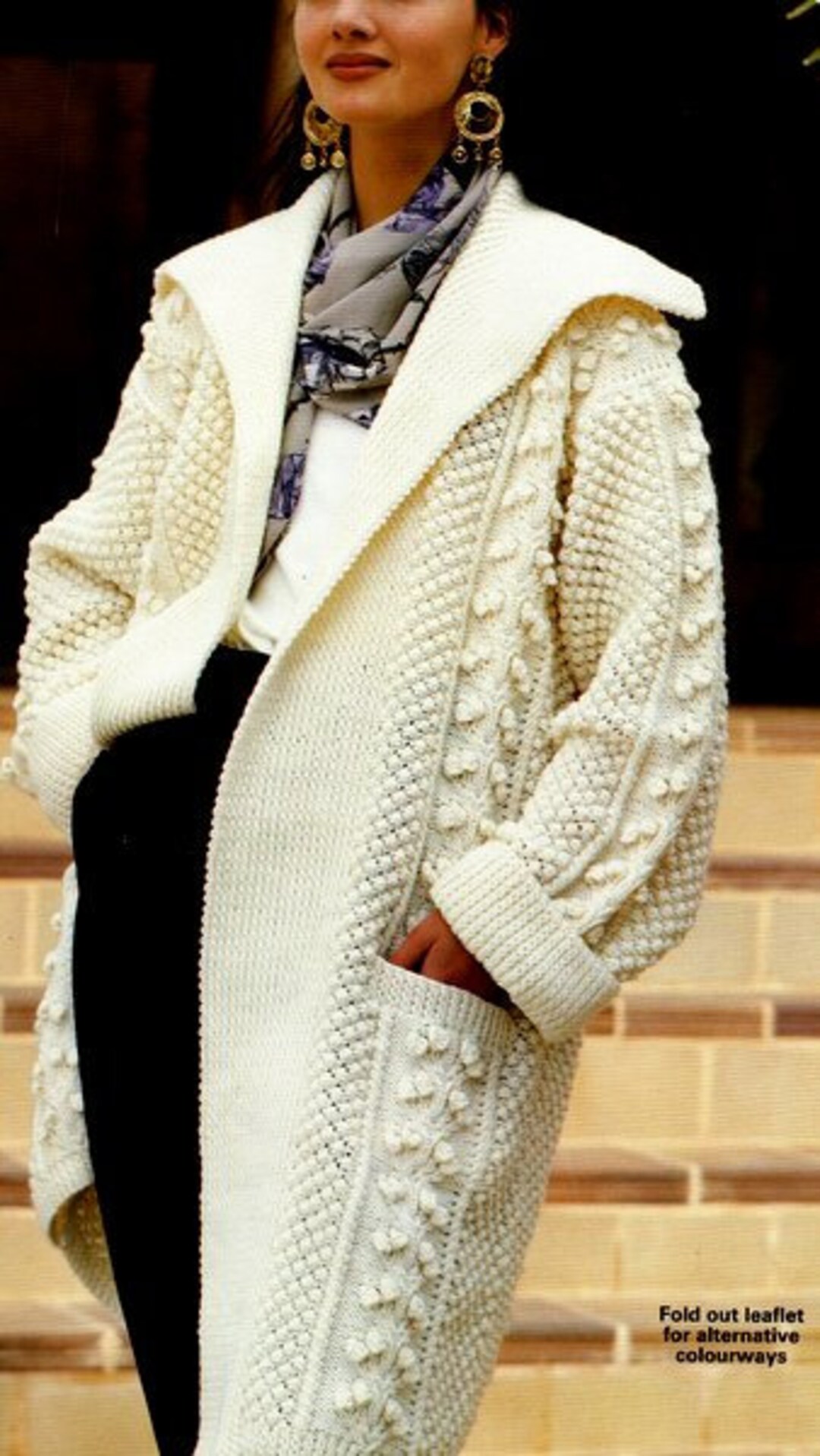 Womens Aran Jacket Long Coat - Popcorn & Bobbles - Wide Collar - 30 ...