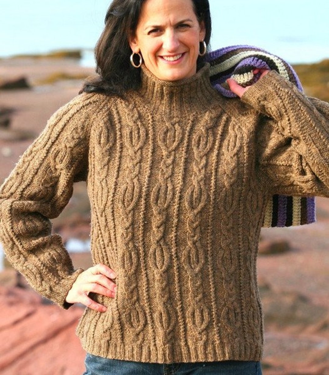 Woman Ladies High Collar Raglan Cabled Sweater 30" - 44" ~ Aran Worsted ...