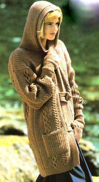 Cable Duffle Hooded Jacket Coat With Pockets DK Wool 28" - 40" Ladies ...