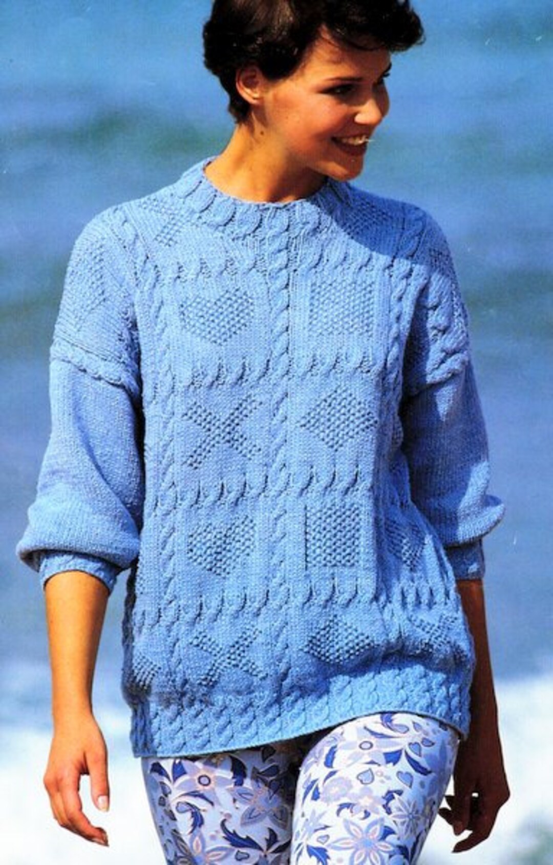 Patchwork Sampler Tunic Sweater Cable Round Neck Textured Drop Sleeve ...