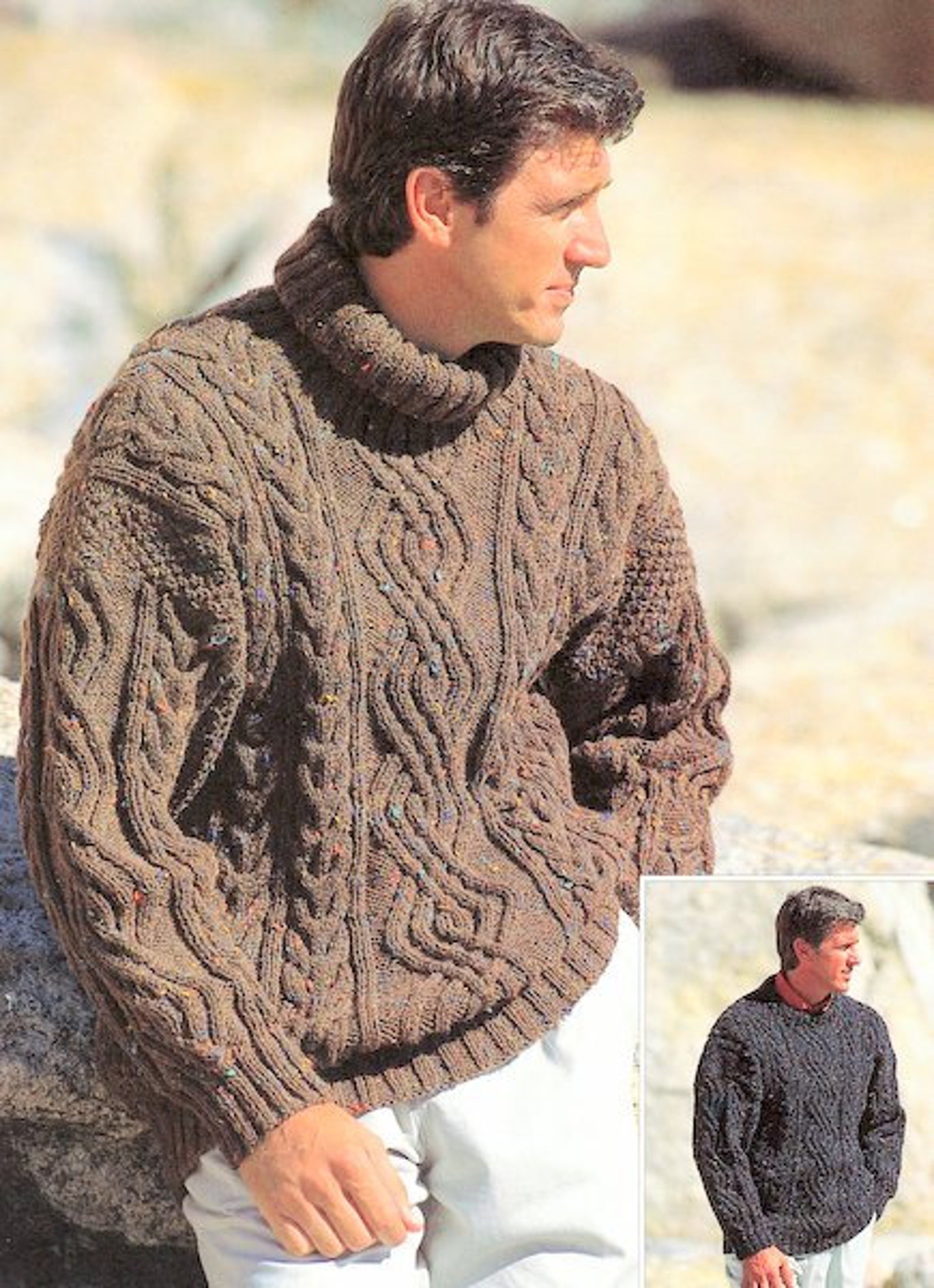Mens Aran Polo or Crew Round Neck Cable Jumper Traditional Sweater 38 ...