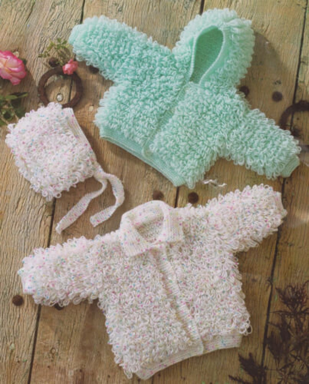 Loopy Hooded Baby Jacket, Collared Cardy & Bonnet 14" - 24" DK Knitting ...