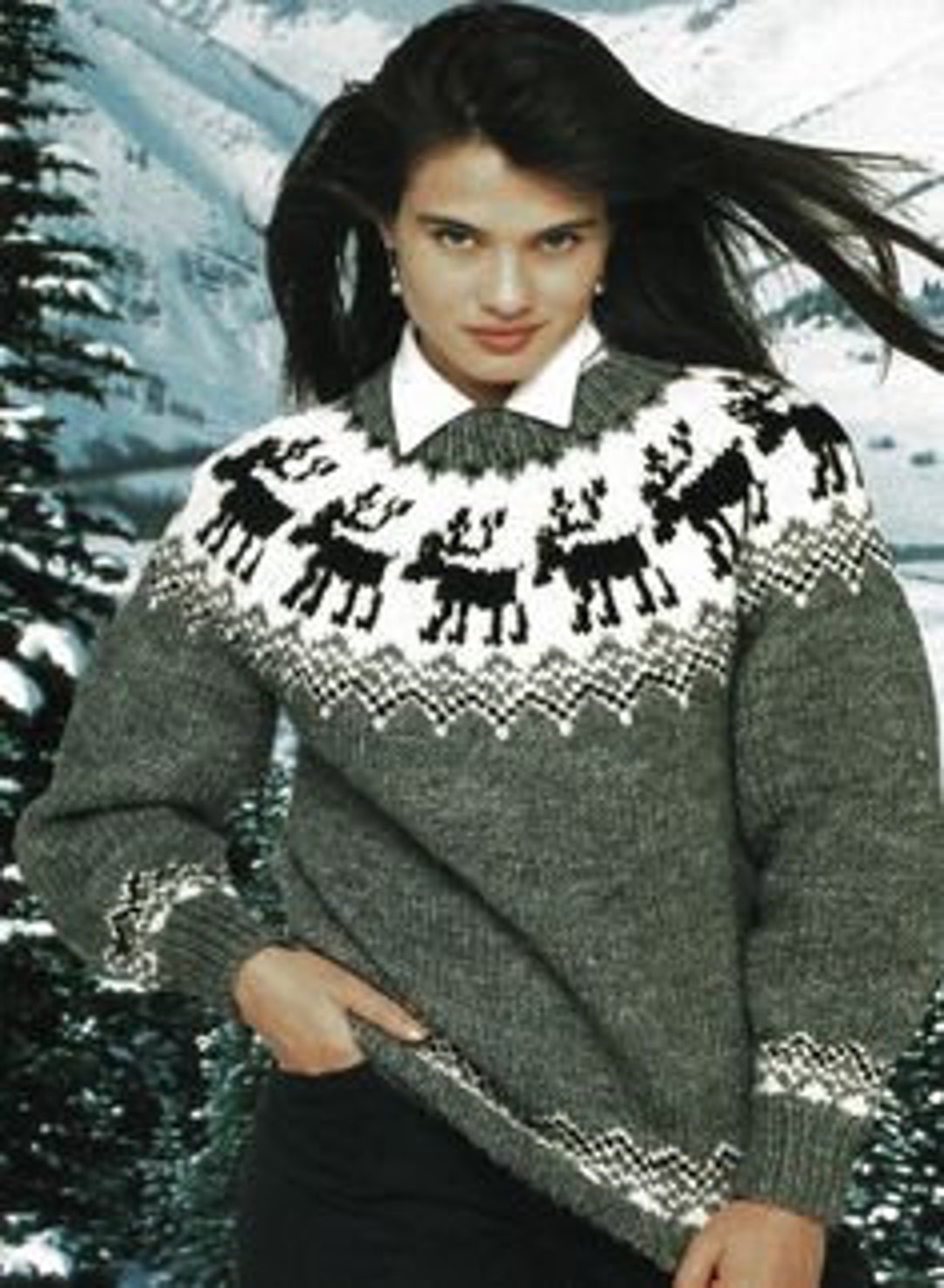 Moose Reindeer Motif Nordic Fair Isle Womens 30" - 36" Sweater Chunky ...