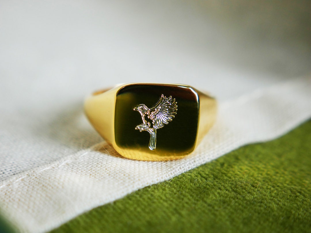 Scottish Bird Engraved Ring • Sterling Silver Gold Monogram Ring ...