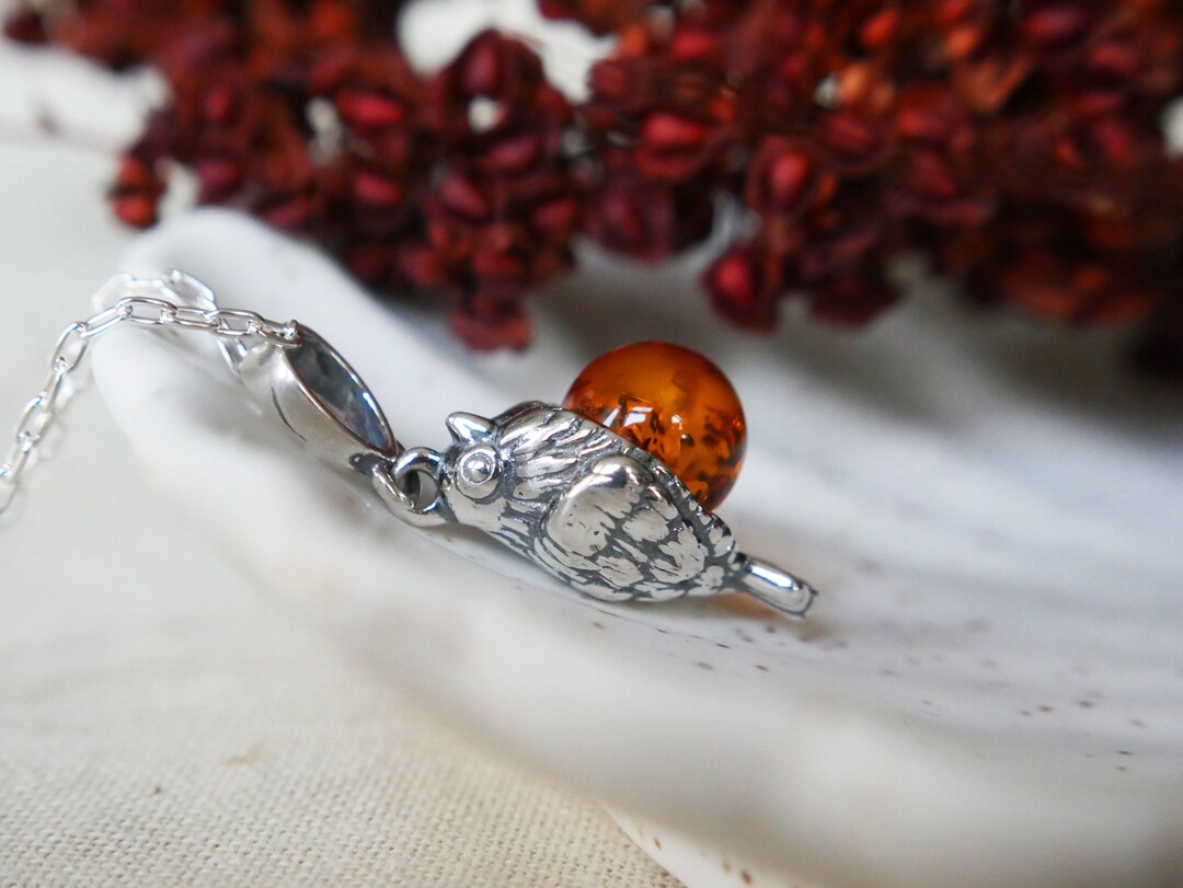 Autumn Robin Bird With Amber Sphere Pendant in Sterling Silver ...