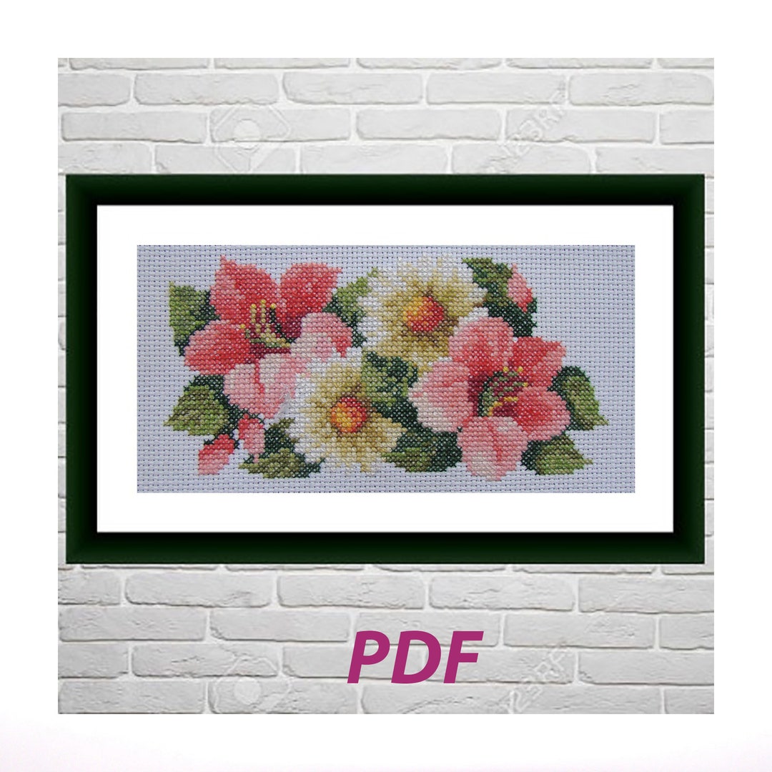 Hollyhocks and Daisies, Cross Stitch Pattern PDF, Floral Embroidery ...