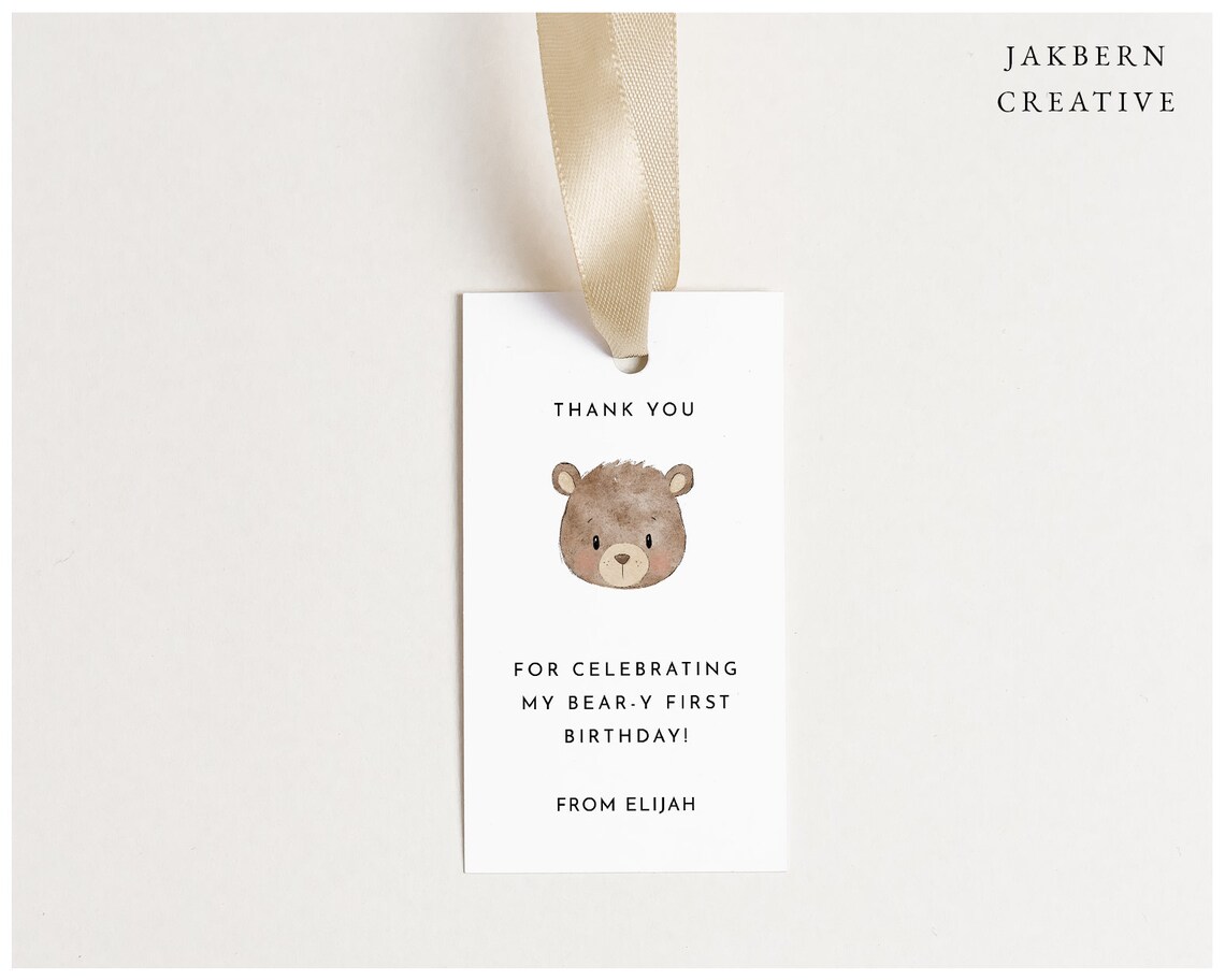 Bear-y First Birthday Thank You Tag, Bear Printable, Bear With Balloon ...