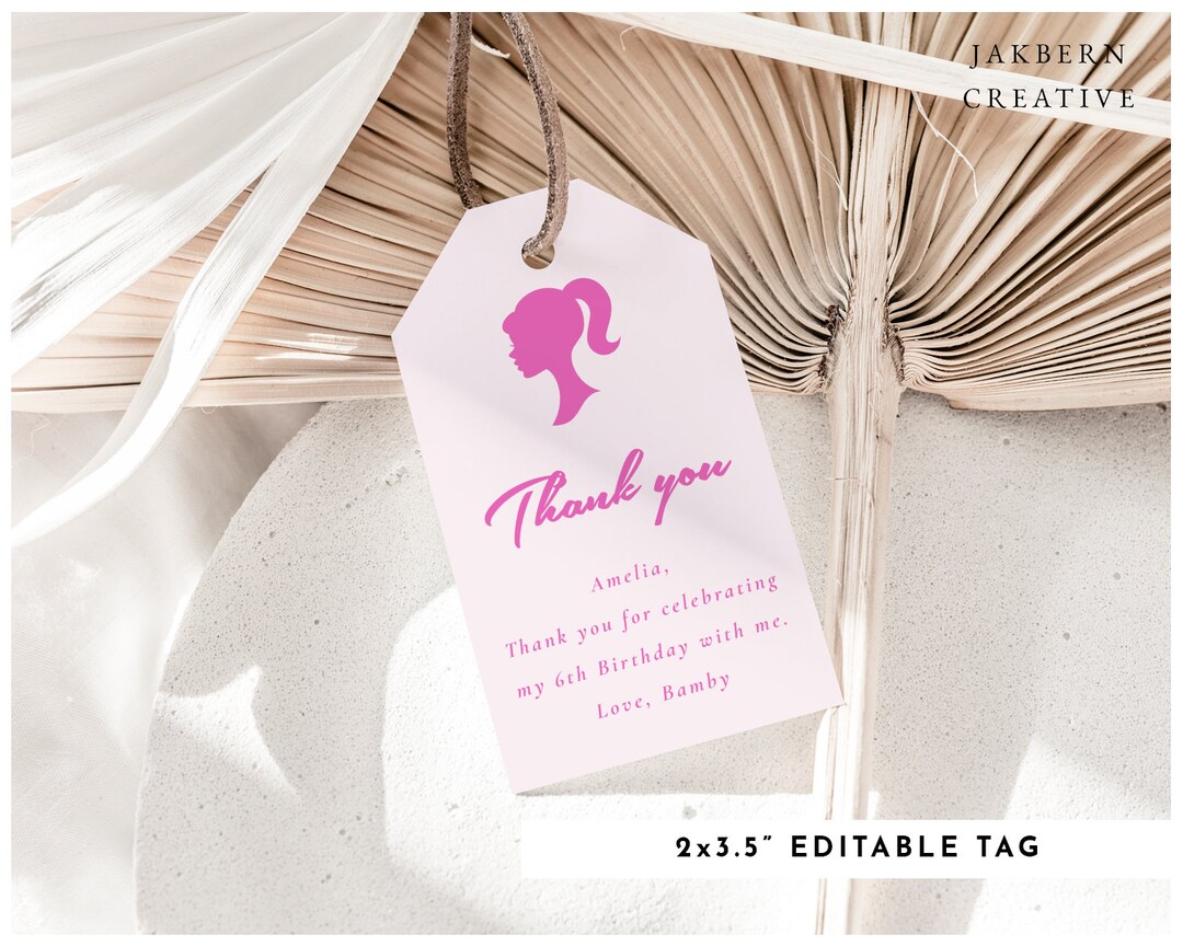 Doll Party Thank You Tag, Hot Pink Birthday Favor (2x3.5" Editable Tag ...