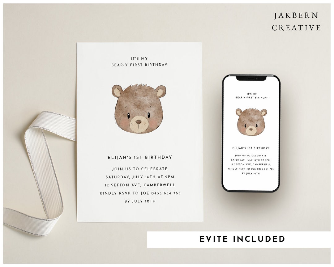 Bear-y First Birthday Invitation, Cute Bear Birthday Invite, First Bday ...