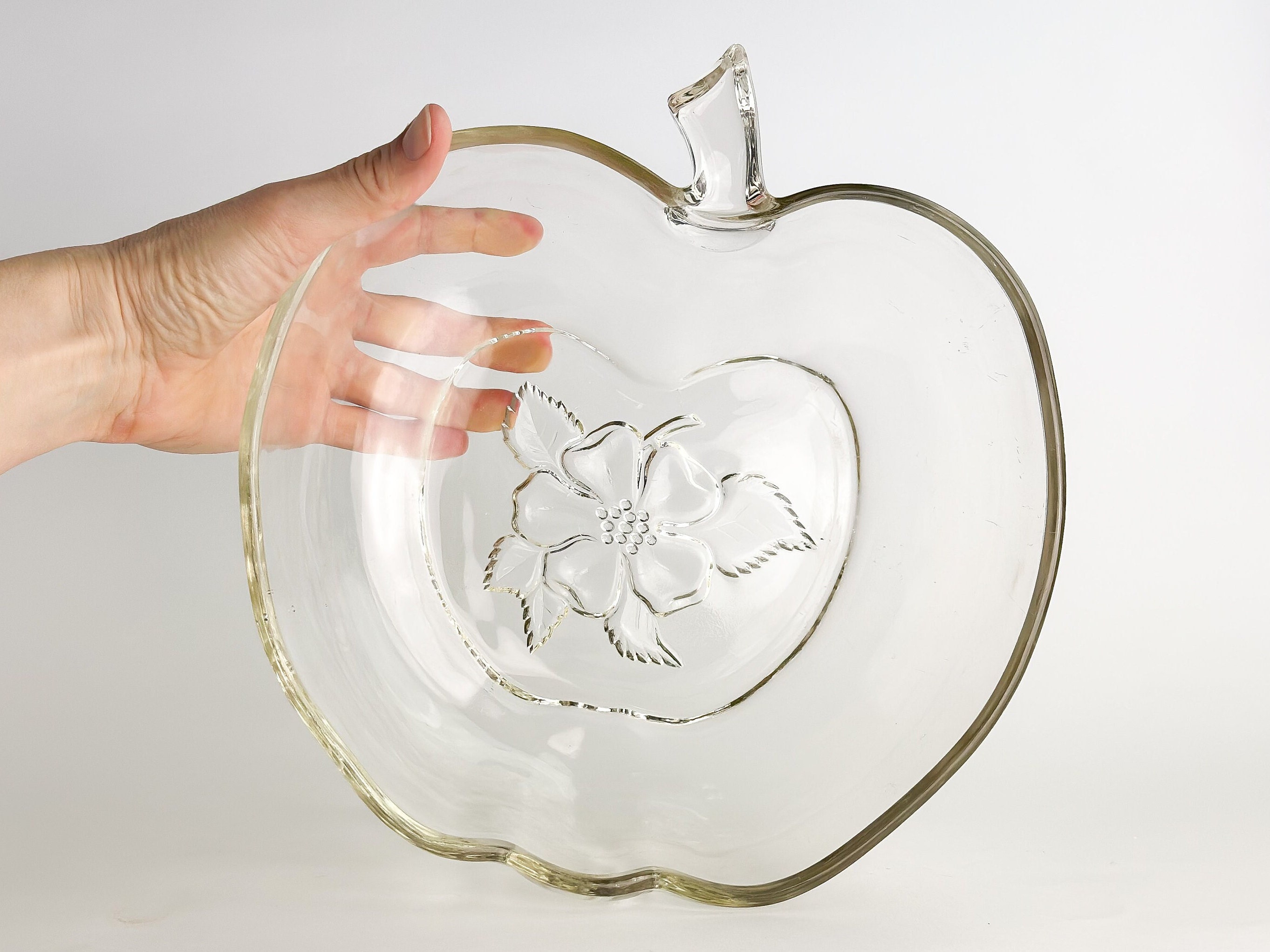 Vintage Large Apple Shaped Glass Salad Bowl W Flower Center - Clear ...