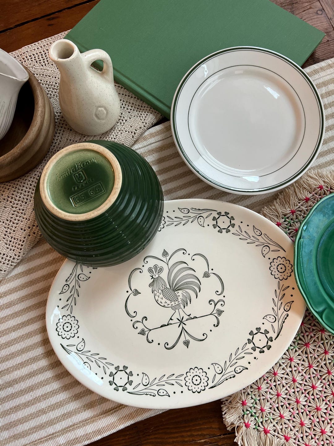 Vintage Green Rooster Platter 12x9 Serving Dish SCIO Pottery Provincial ...