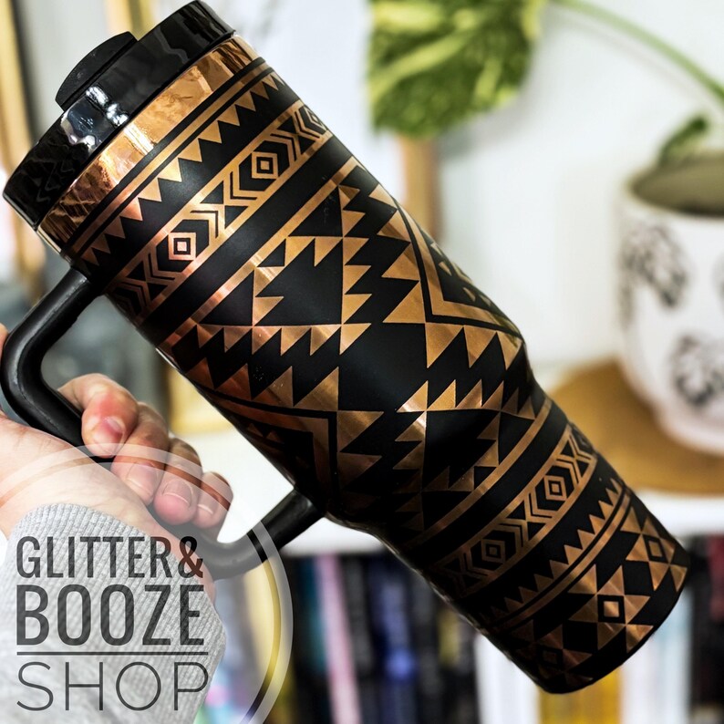 40oz Western Aztec Pattern Tumbler | Gold Plated Stanley Style With ...