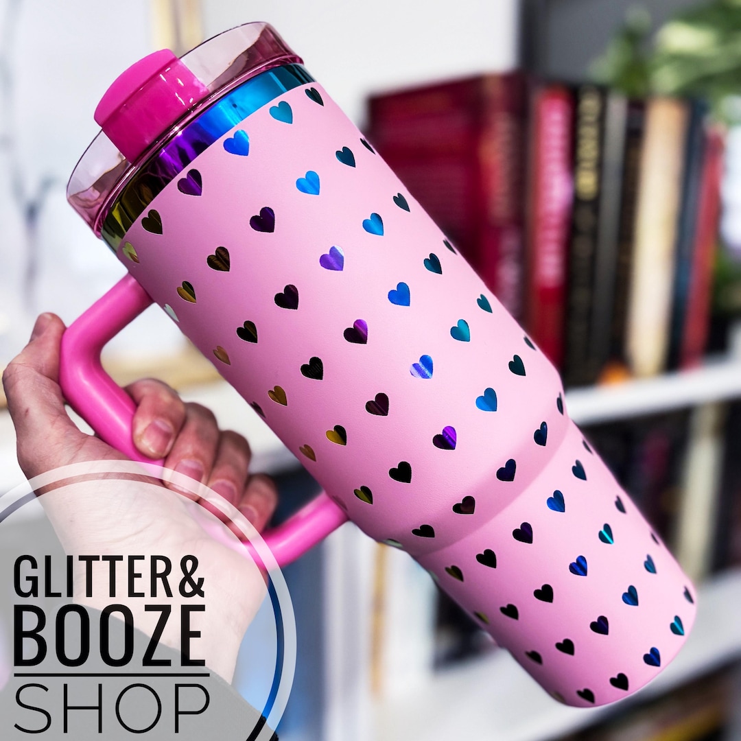 40oz Pink & Rainbow Tumbler | Custom Engraved Stanley-style Cup With ...