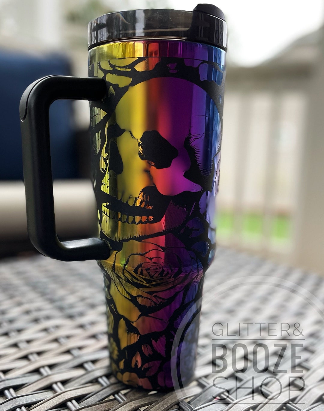 Engraved Rainbow Skull Tumbler: 40oz Oil Slick Stainless Steel Water ...
