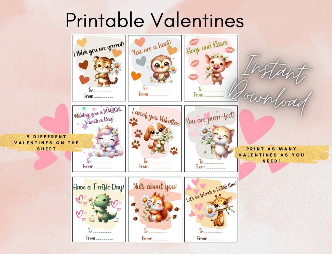 Cute Animal Valentines, Printable, Non Editable, Letter Size ...